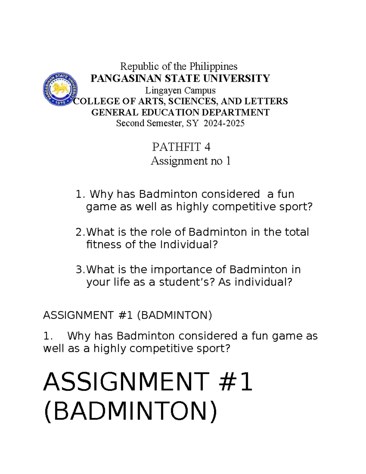 PATHFIT 4: Badminton Assignment - Fun & Fitness Insights - Studocu