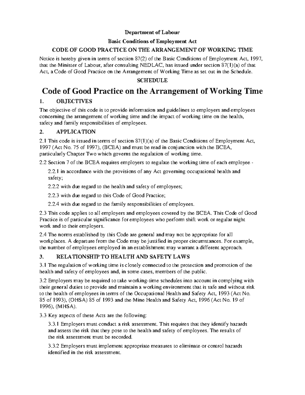 Code of Good Practice on Working Time Arrangement (BCEA) - Studocu