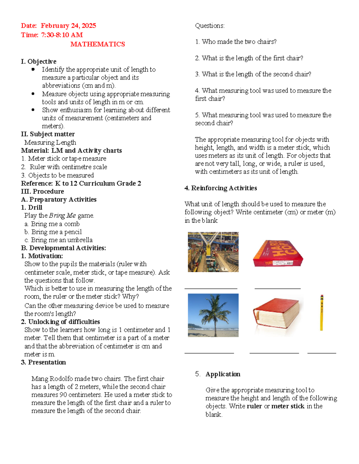 Math Q4 W3: Grade 2 Lesson Plan on Measuring Length (cm & m) - Studocu