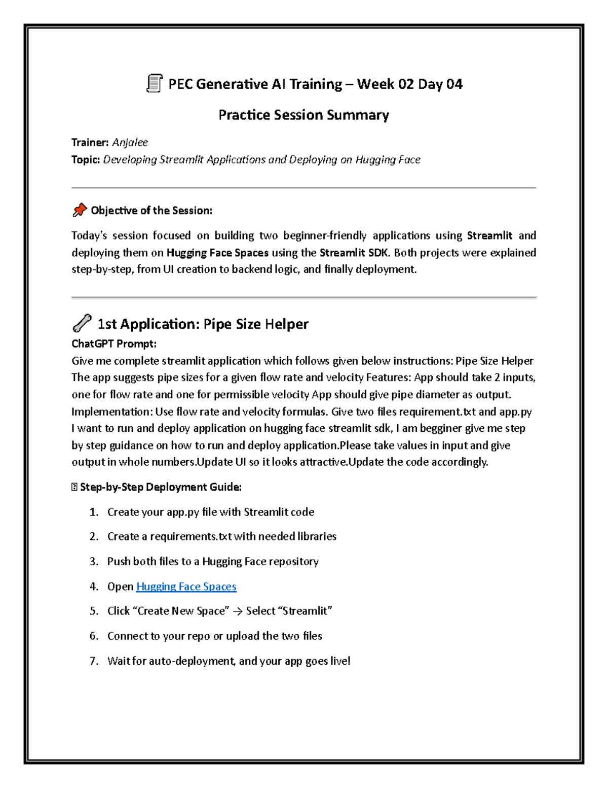 PEC Generative AI Training - Week 02 Day 04 Streamlit Apps Summary ...