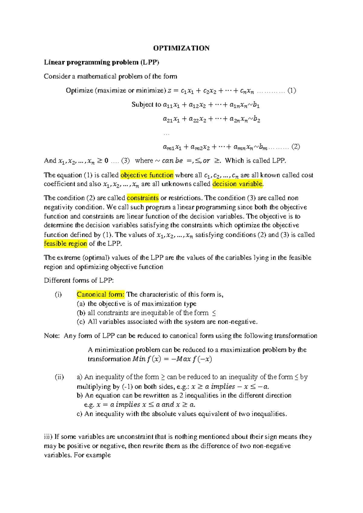 Optimization of Linear Programming Problems (LPP) - Math Notes - Studocu