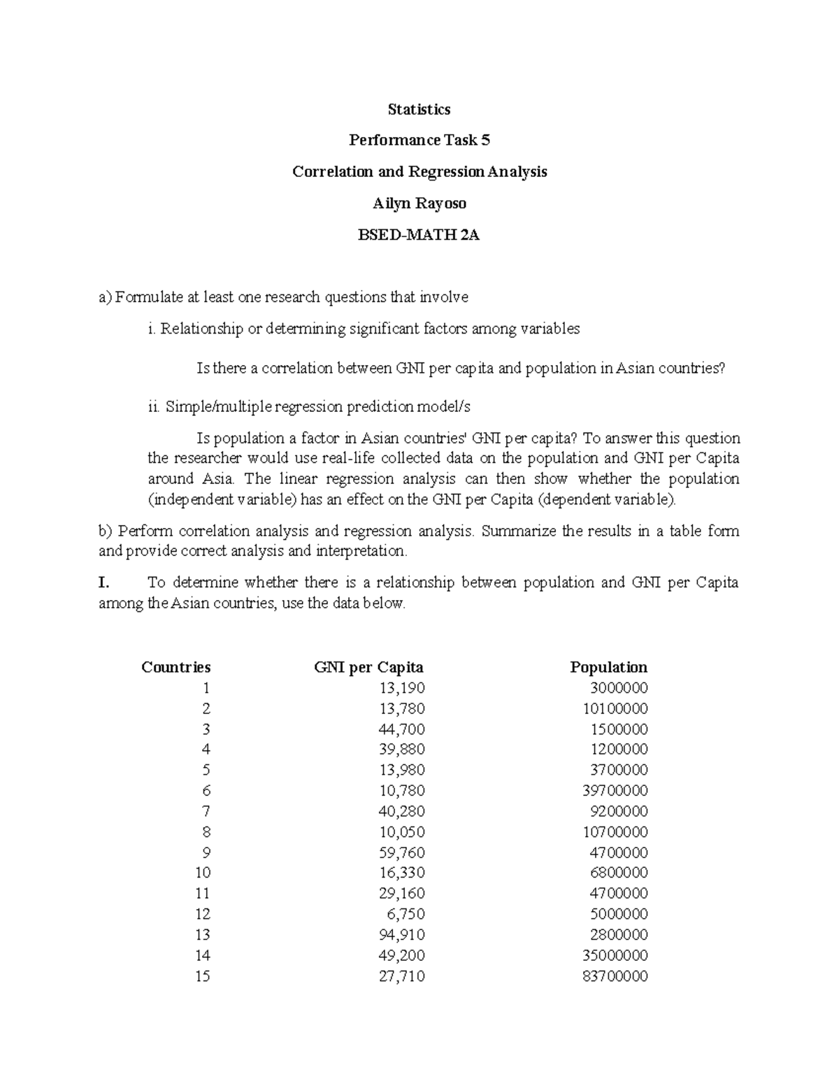Correlation and Regression Analysis - Statistics Performance Task 5 Correlation and Regression ...
