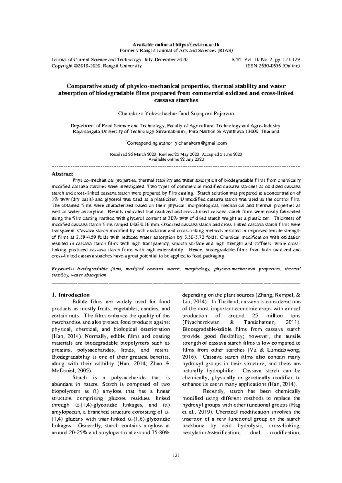 Comparative Study of Biodegradable Films from Modified Cassava Starches ...