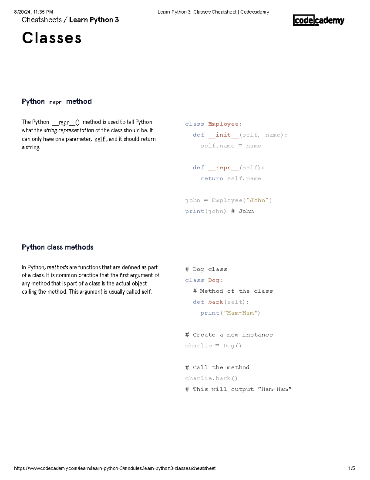 Python 3 classes cheatsheet: key concepts and examples - Studocu