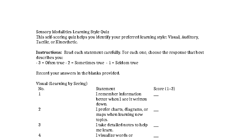 Sensory Modalities Learning Style Quiz with Answer Sheet - Studocu