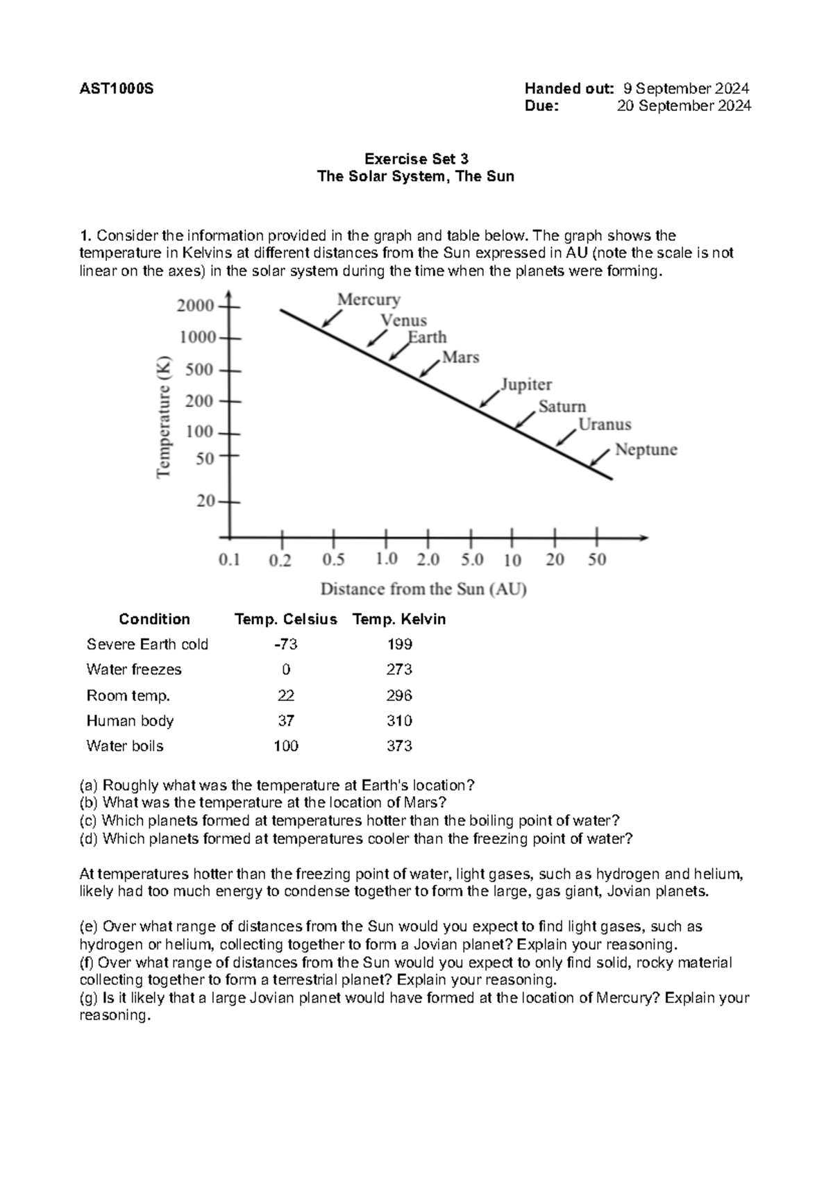 Exercise 3 2024 - AST1000S Handed out: 9 September 202 4 Due: 20 September 202 4 Exercise Set 3 ...