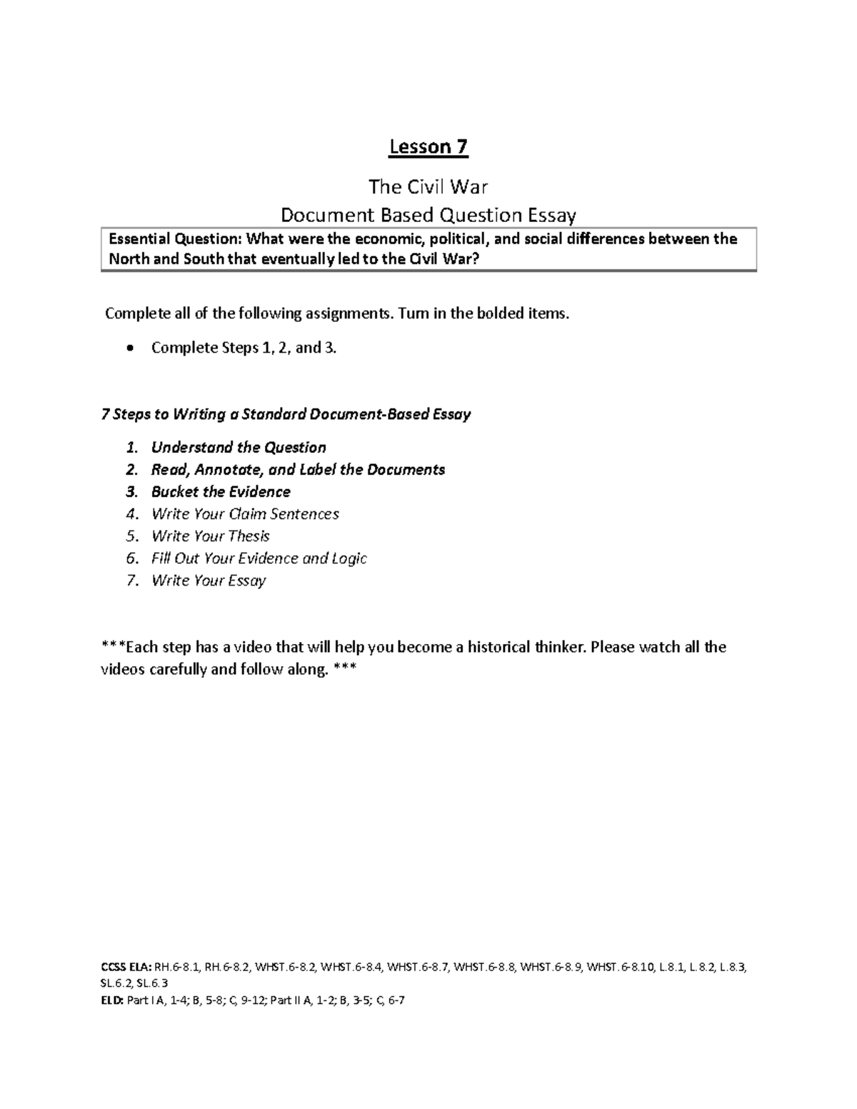 DBQ - Lesson 7: The Civil War Economic, Political, and Social Causes ...