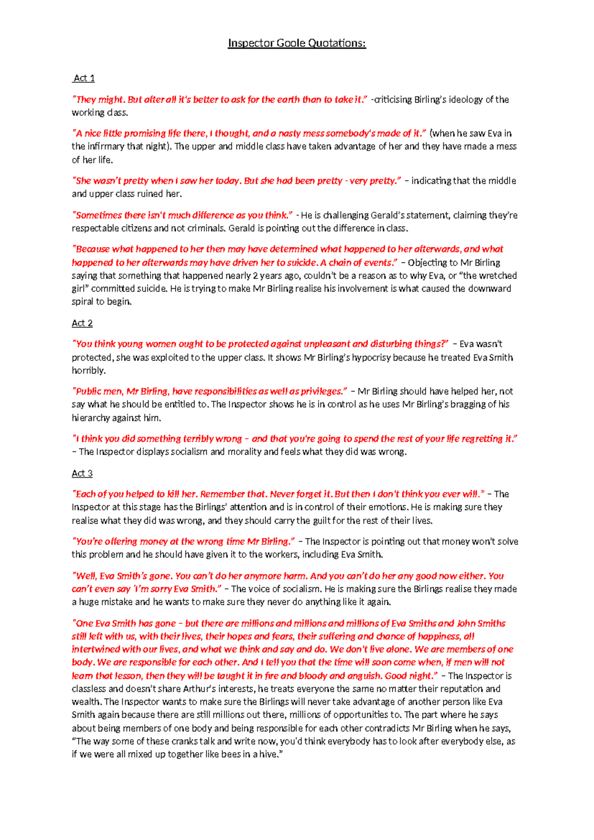 Inspector Goole Quotes Analysis for AIC ELA 12 Final Exam - Studocu