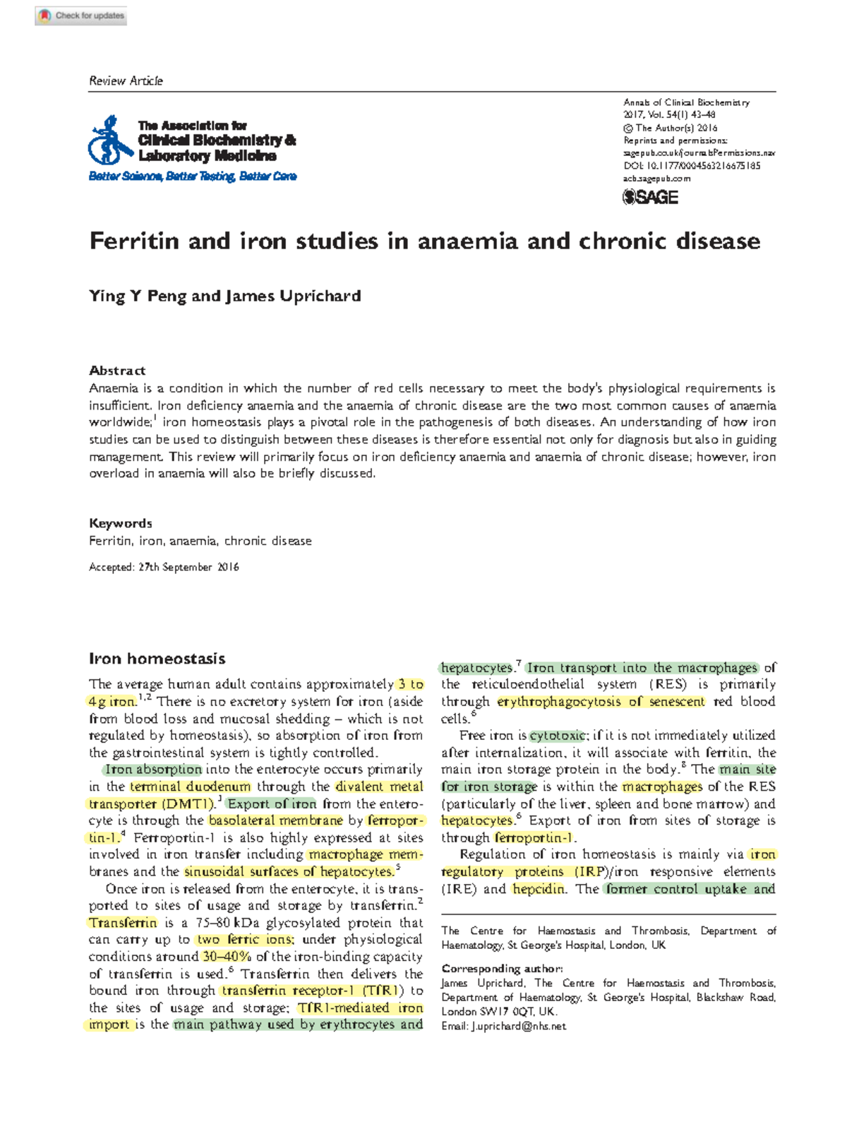 Ferritin and Iron Studies in Anaemia & Chronic Disease (ACB 2016) - Studocu