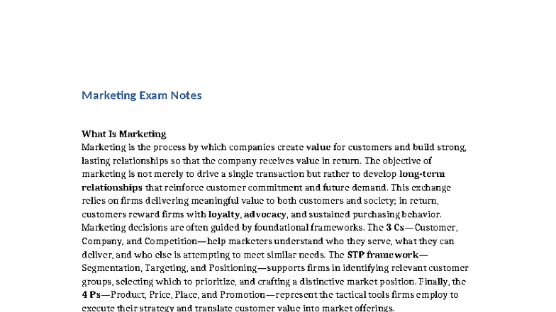 Marketing Exam Notes: Understanding Key Concepts and Strategies - Studocu