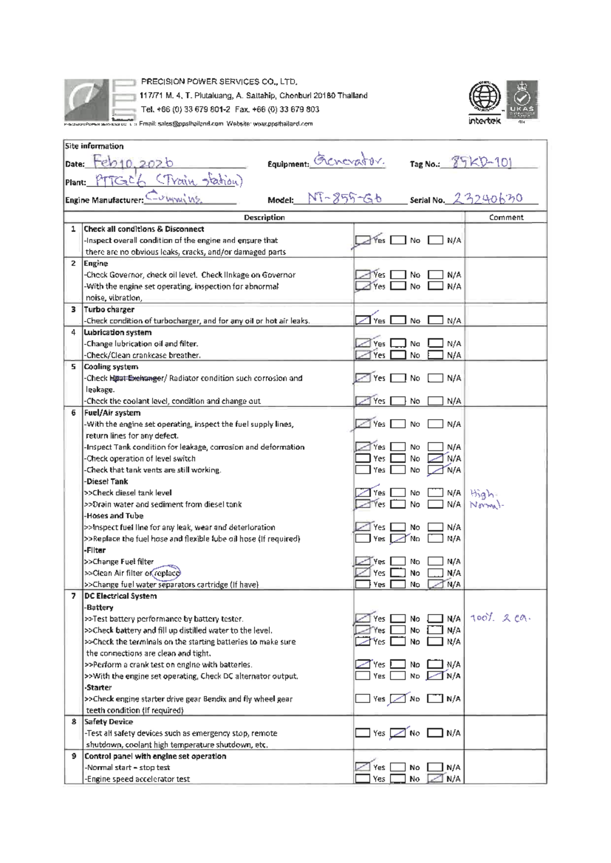 Generator Inspection Checklist for PTTGC 6 PM (85KD-101) - Studocu