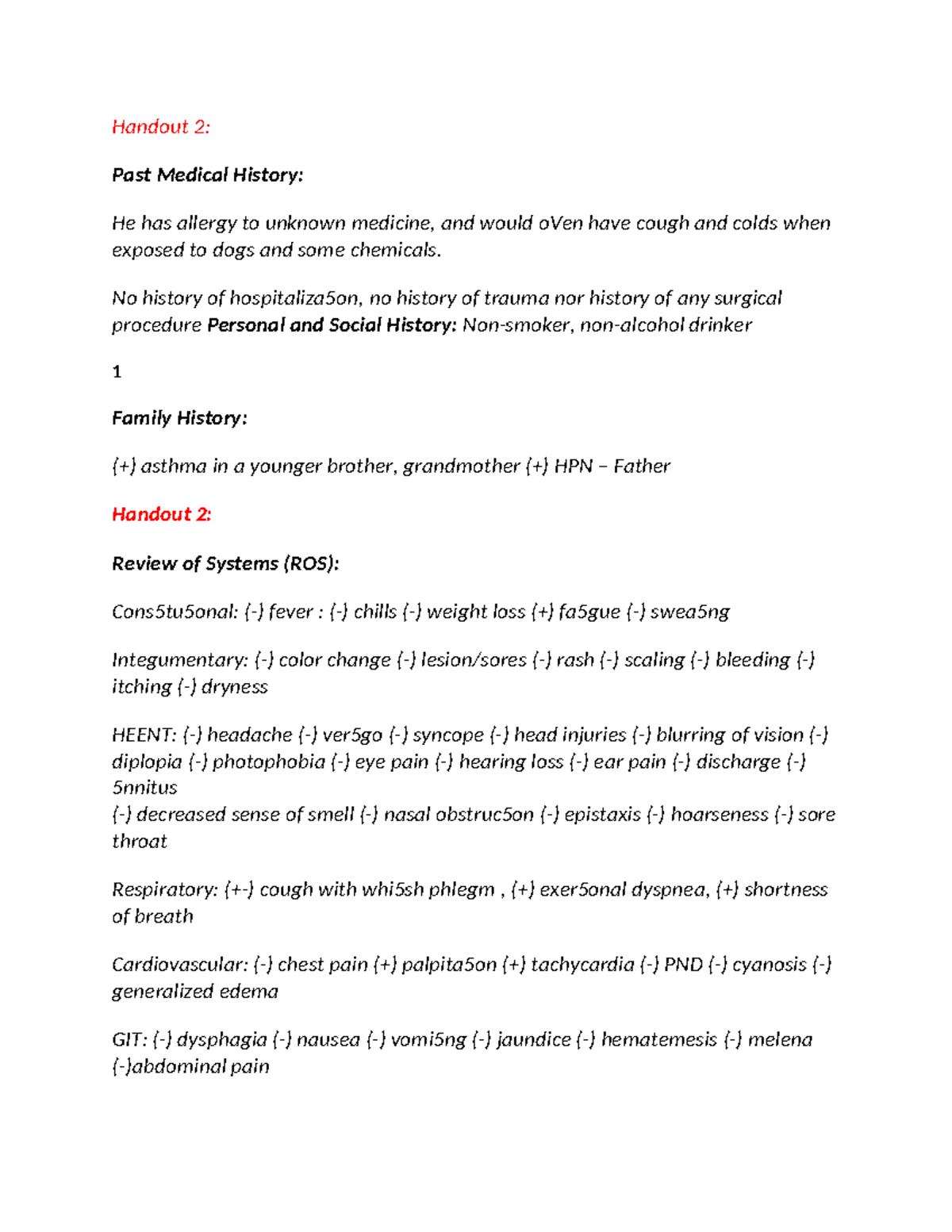Handout 2: Case 4 - Comprehensive Review of Medical History and Exam ...