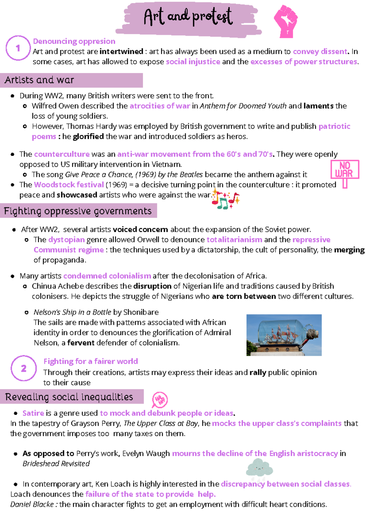 LLCE Anglais Terminale: Art and Protest - Study Material Summary - Studocu
