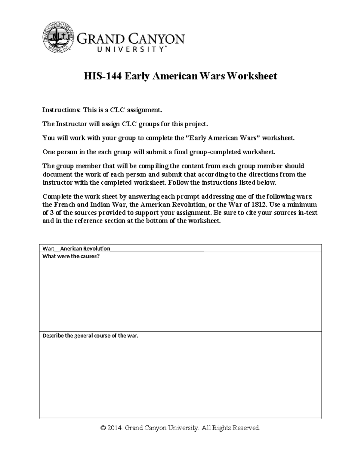 HIS-144 CLC Early American Wars Worksheet - HIS-144 Early American Wars ...