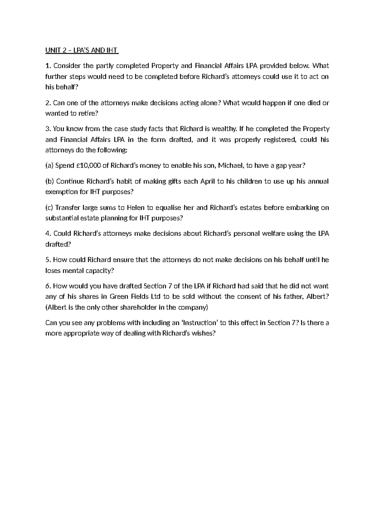 UNIT 2 PREP TASK 1 - task 1 unit 2 - UNIT 2 – LPA’S AND IHT Consider ...