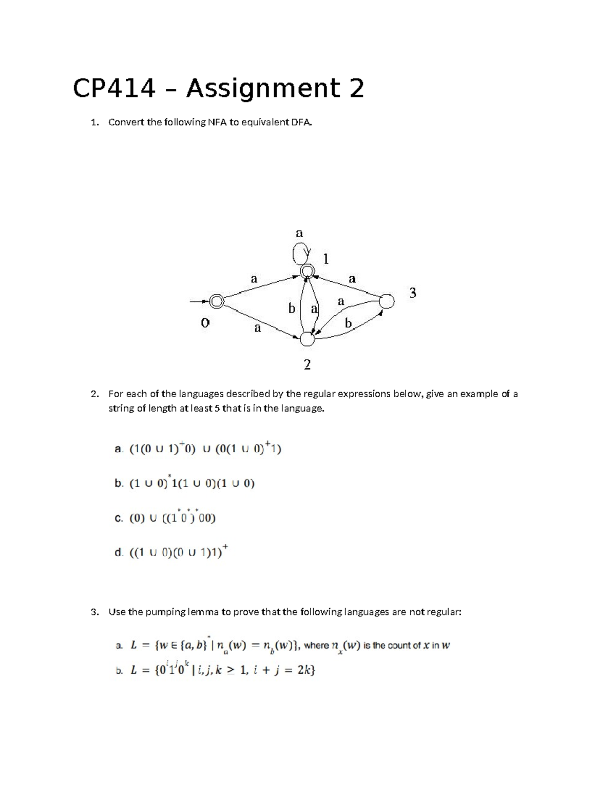 CP414 Assignment 2: NFA to DFA Conversion & Language Examples - Studocu
