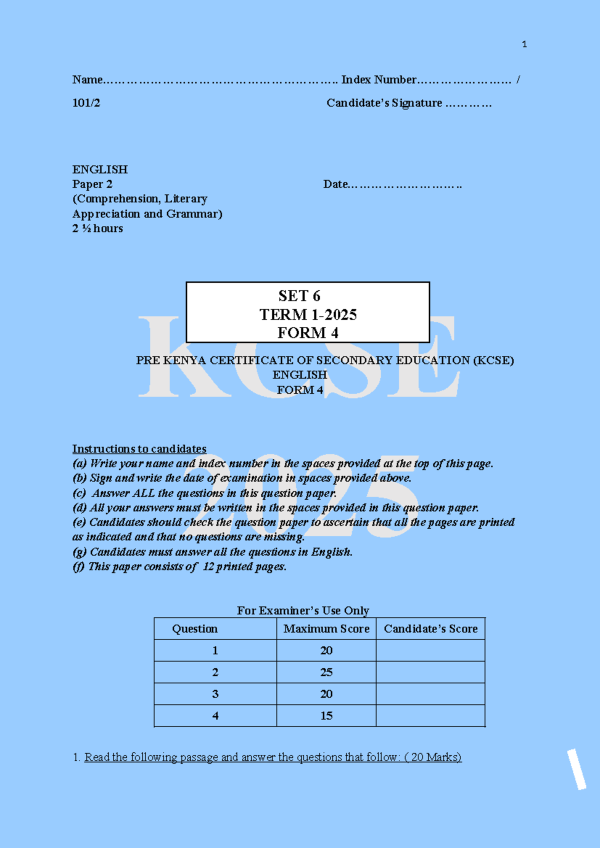 KCSE 2025 English Language & Literature Paper 2: Comprehension ...