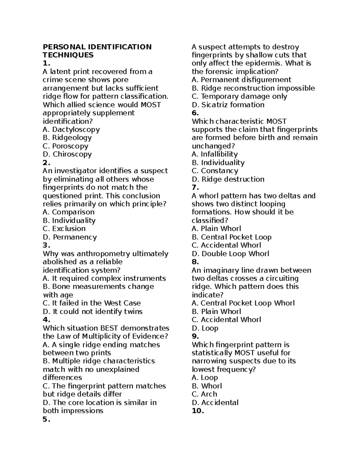 Personal Identification Techniques Quiz - Forensic Science 101 - Studocu