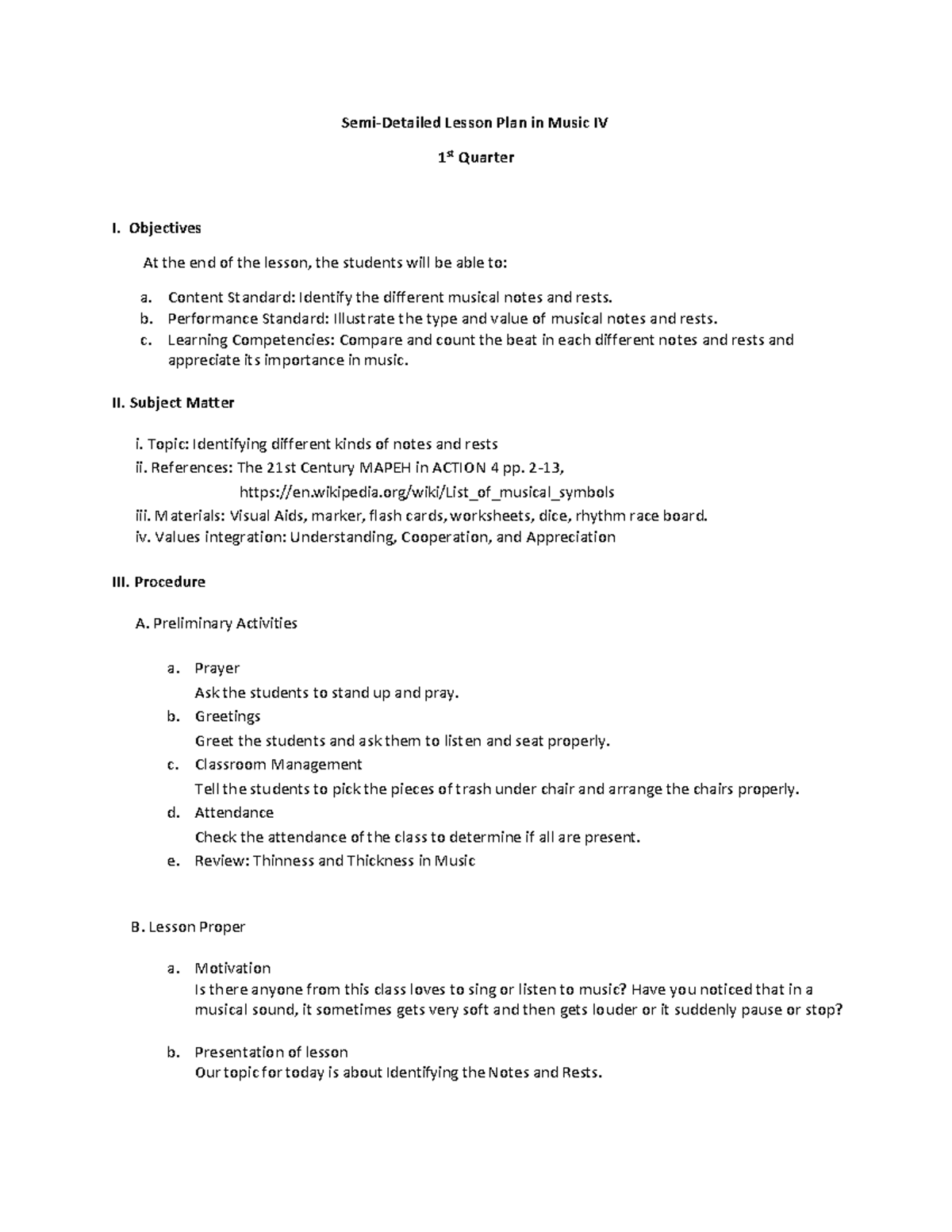 LP Music - Semi-Detailed Lesson Plan on Notes and Rests - Studocu