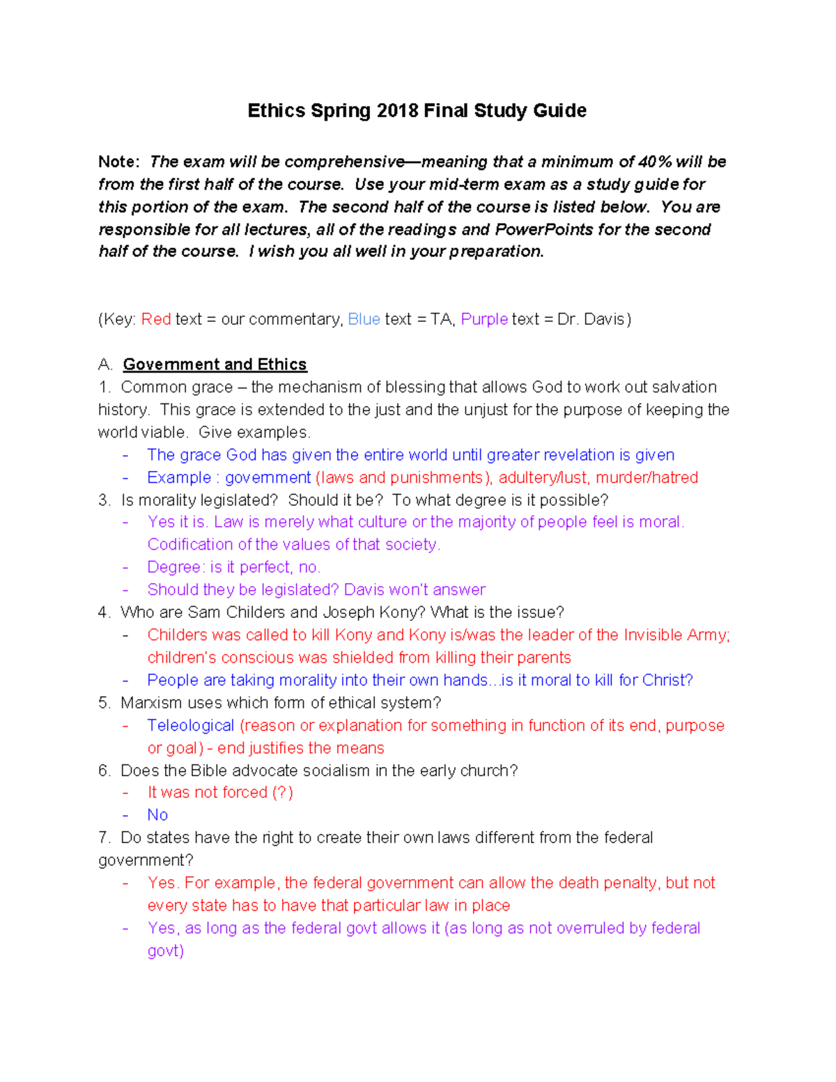 Ethics Final Study Guide - Ethics Spring 2018 Final Study Guide Note ...