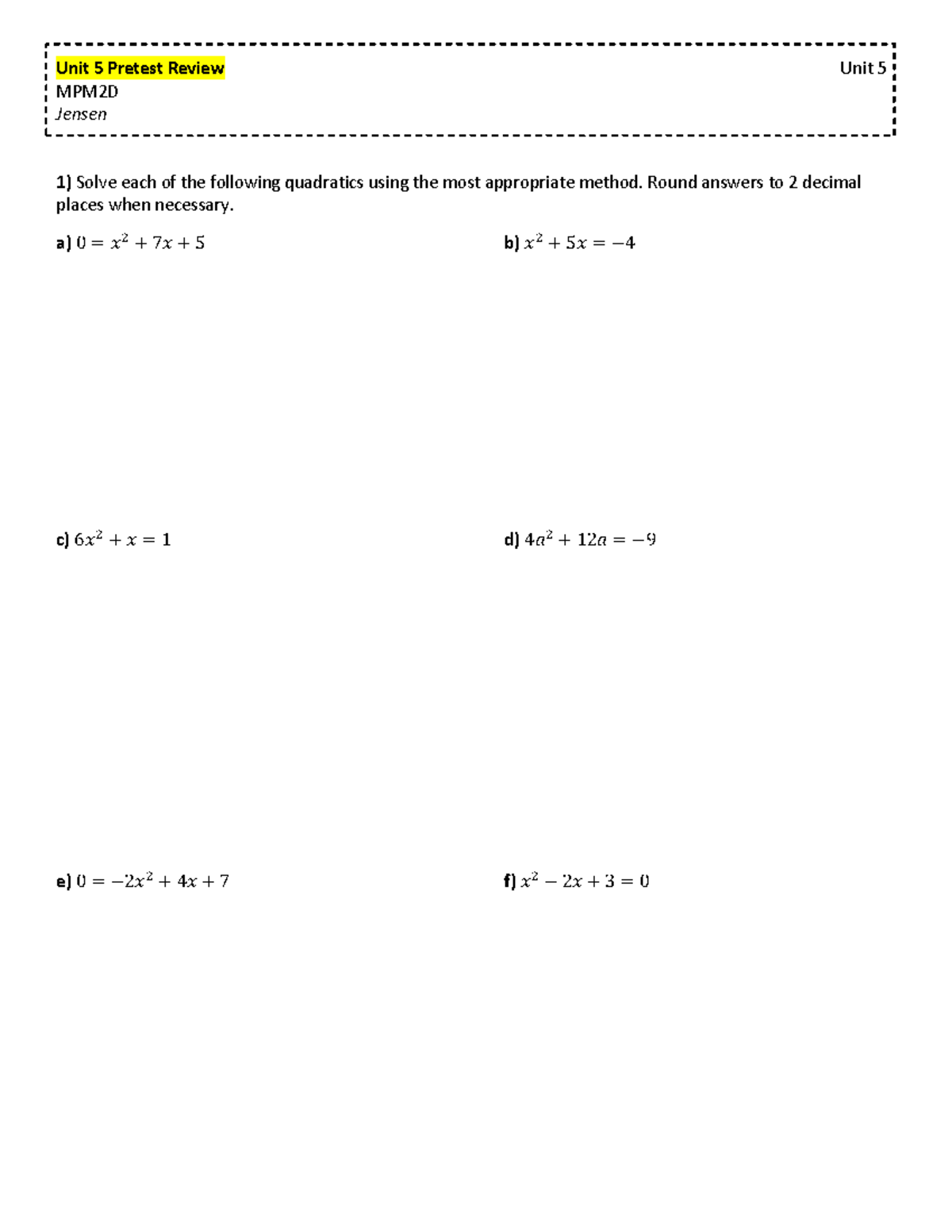 Unit 5 MPM2D Worksheet: Quadratics Pretest Review and Solutions - Studocu