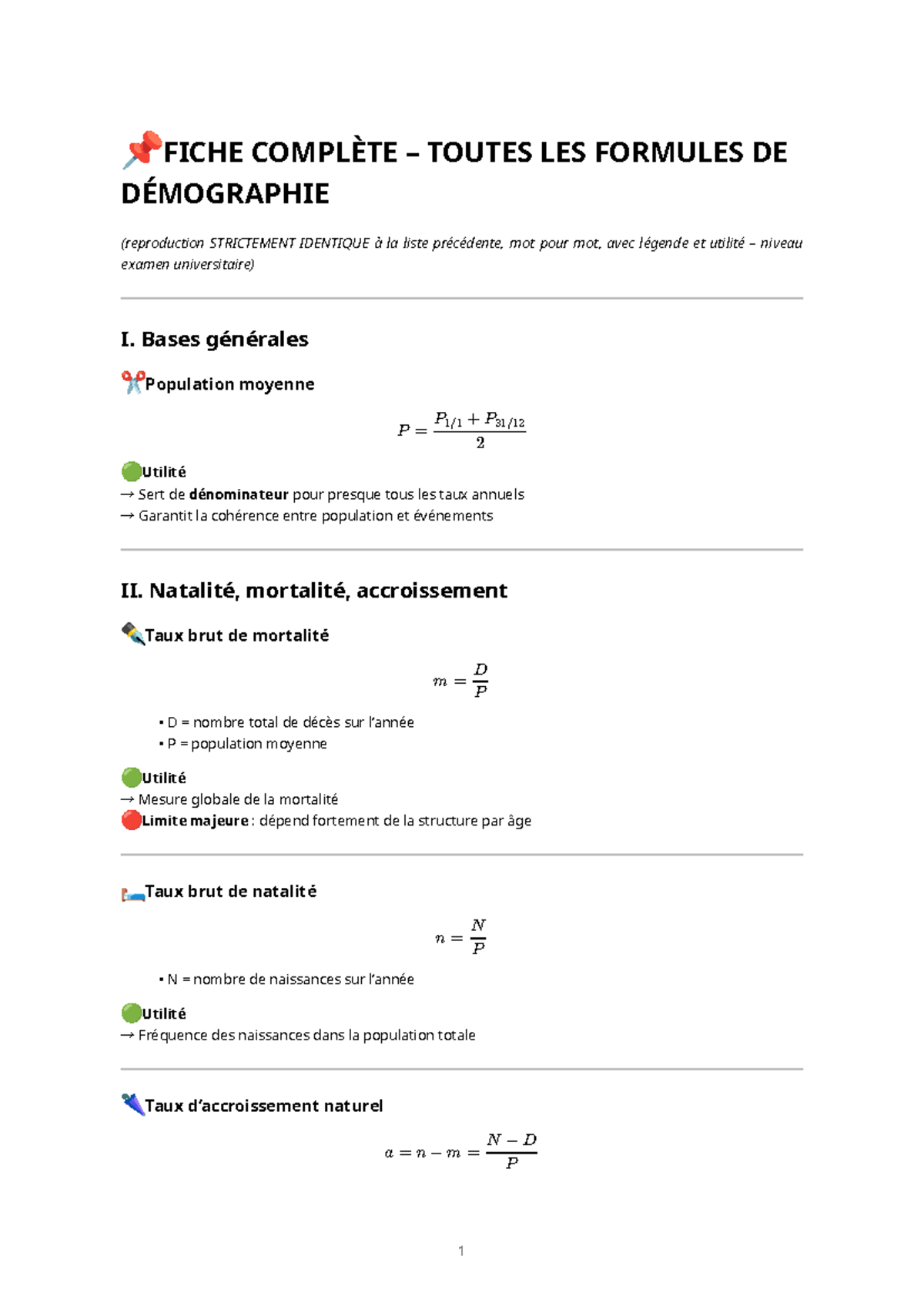 FICHE COMPLÈTE DES FORMULES DE DÉMOGRAPHIE - EXAMEN UNIVERSITAIRE - Studocu