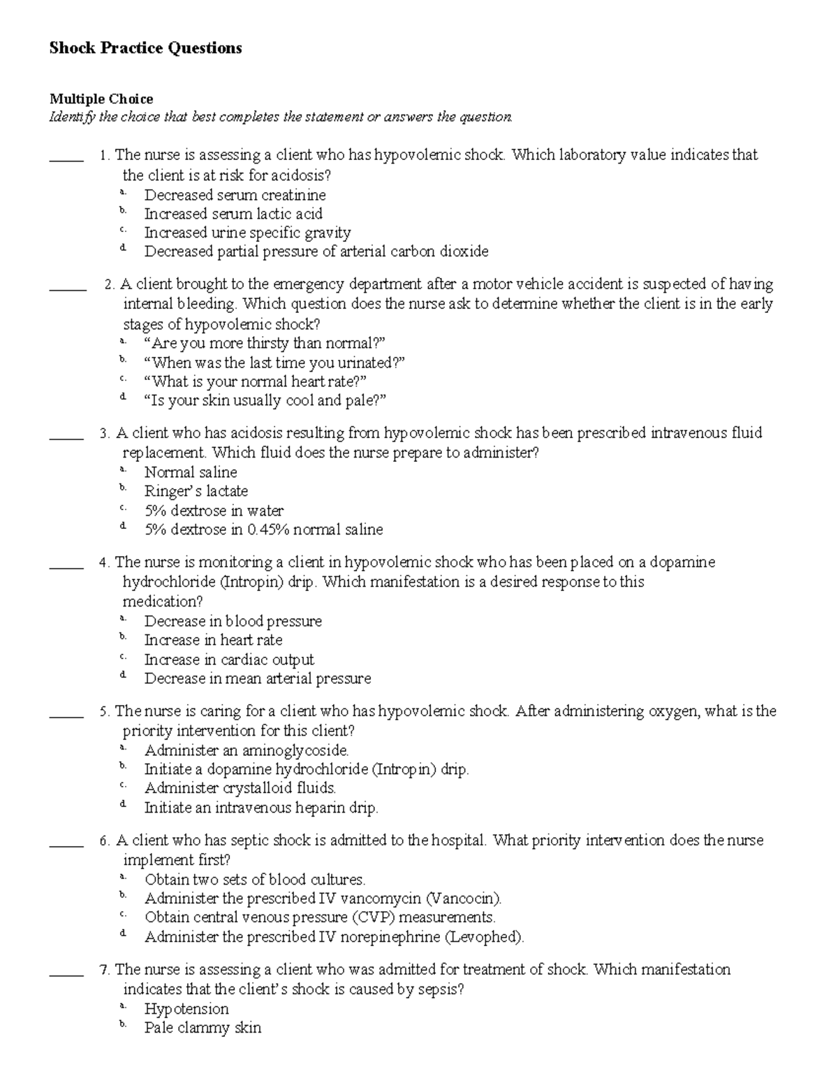 Shock Practice MCQs: Understanding Types & Management Strategies - Studocu