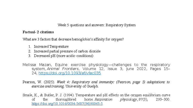 Week 5 Q&A: Factors Affecting Oxygen Affinity in Horses - Studocu