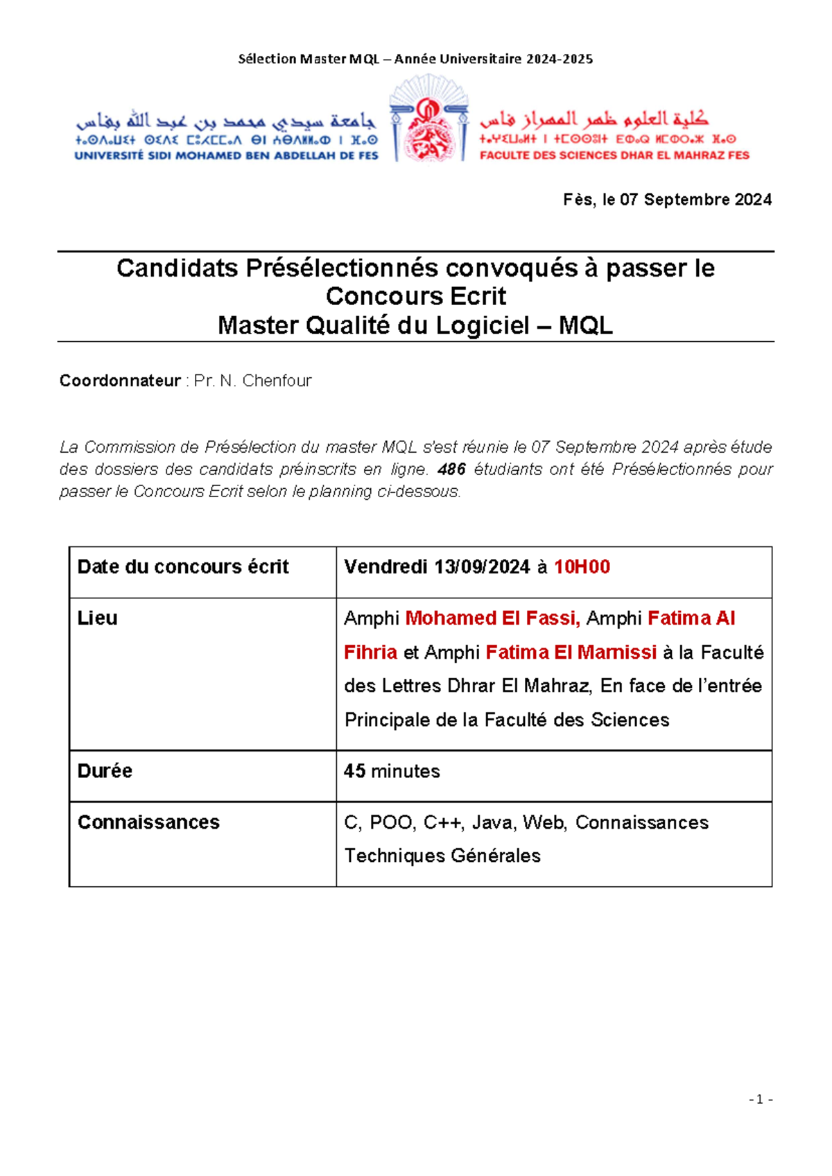 Concours Écrit Master Qualité du Logiciel - MQL le 13 Septembre 2024 ...