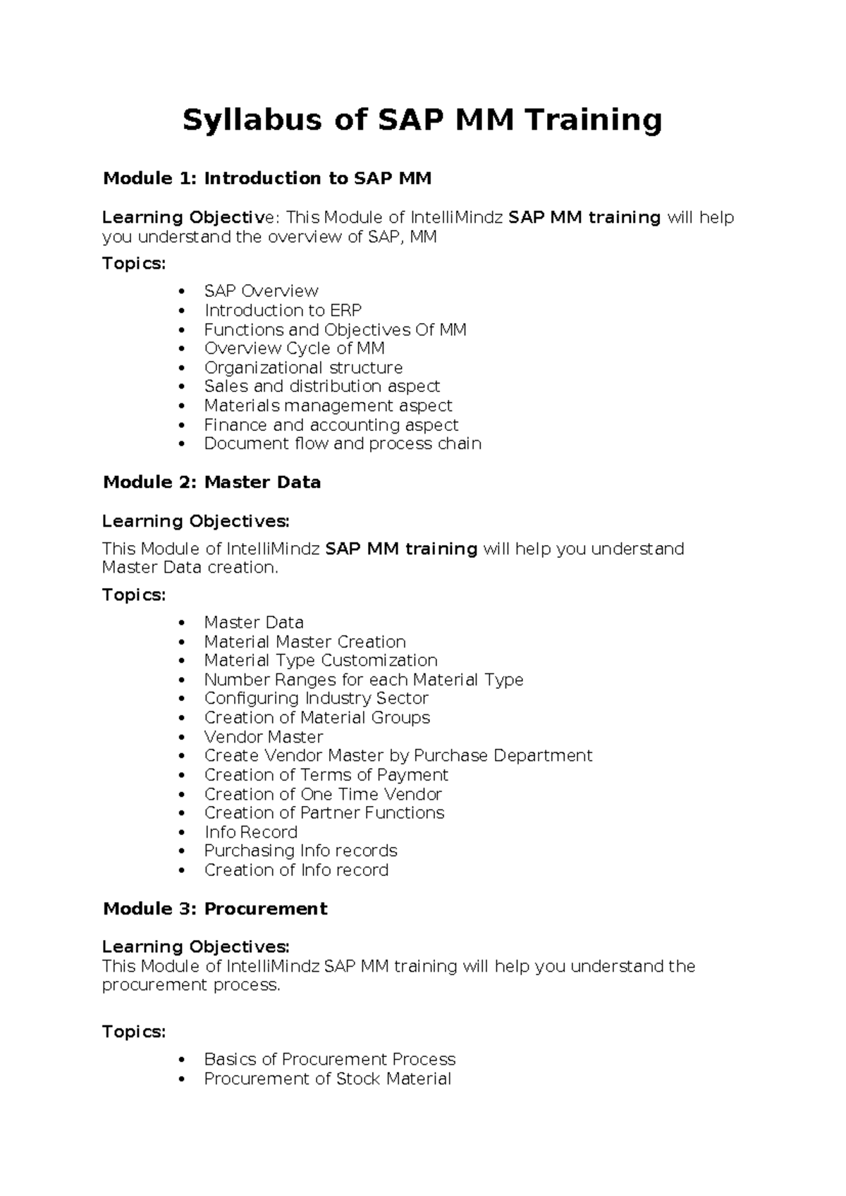 SAP MM Training Syllabus: Modules Overview and Learning Objectives ...