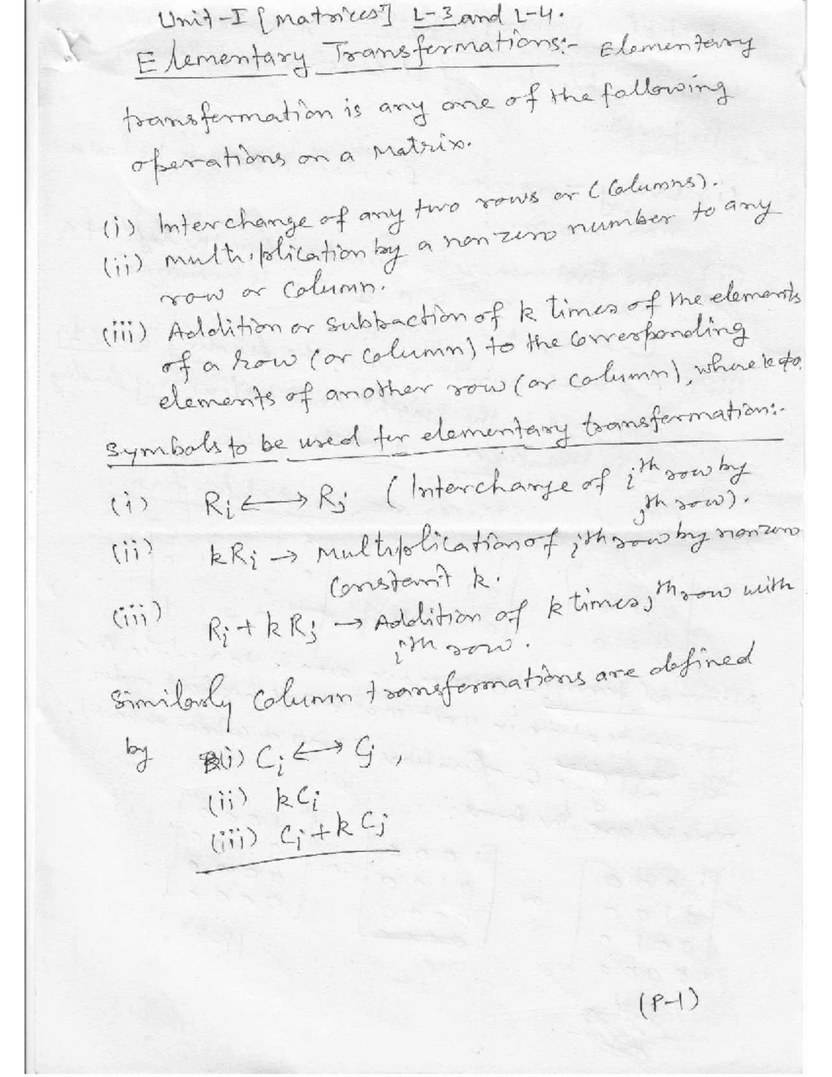 Elementary Matrix Transformations and Rank Analysis (Unit-1 Notes ...
