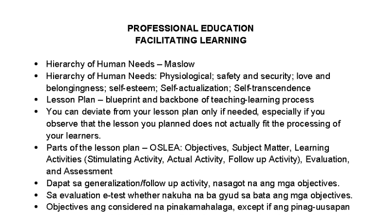 PROF.ED. Lesson Plan on Maslow's Hierarchy of Needs and Learning ...