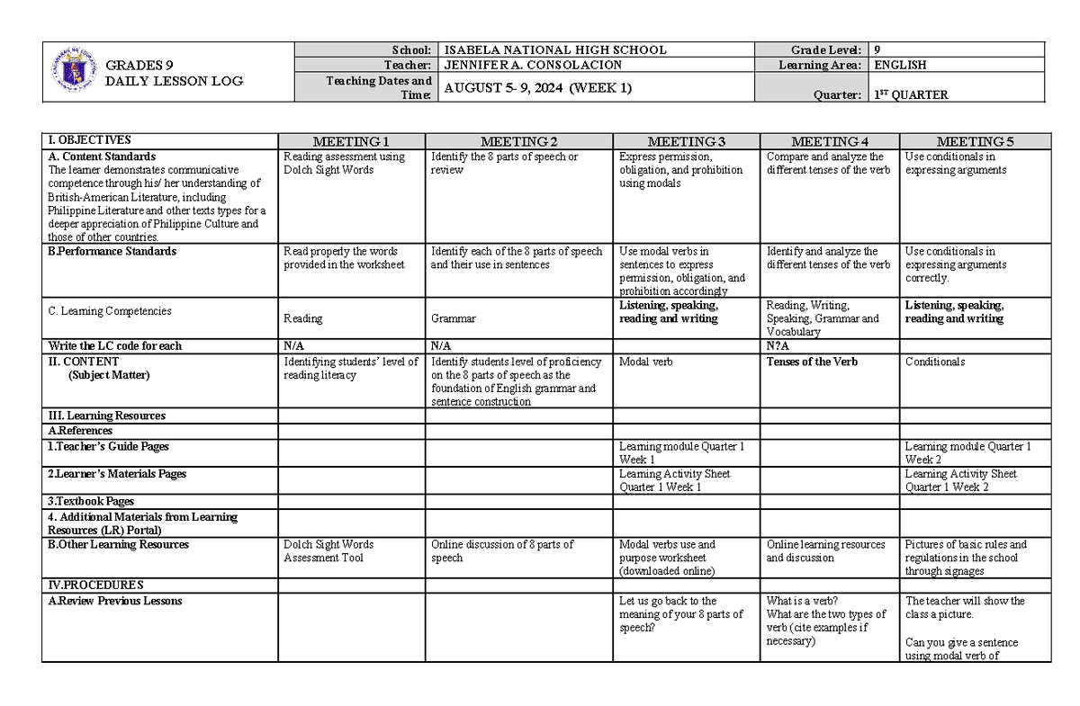 DLL Q1 Wk 1 - English 9 Lesson Plan & Activities - Studocu