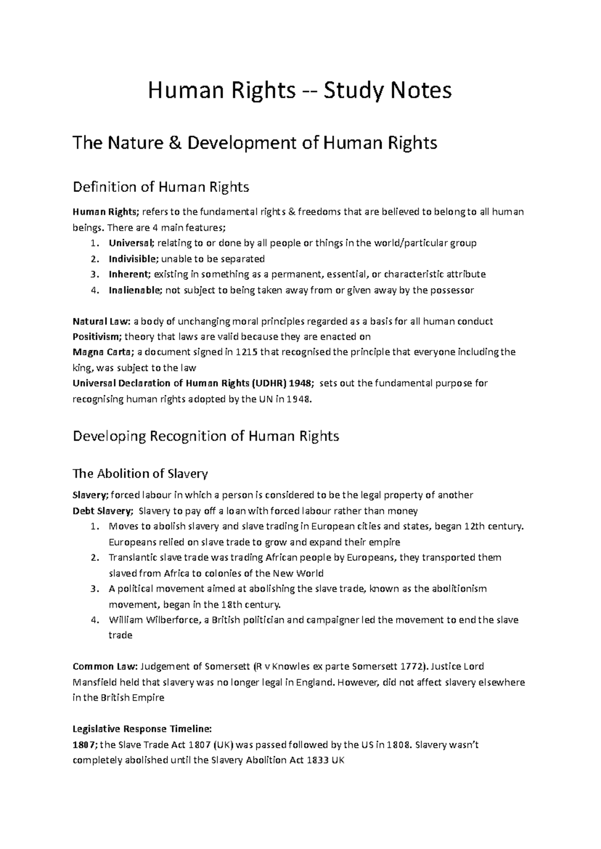 Human Rights - Comprehensive Study Notes (Course Code: HUMR 101) - Studocu