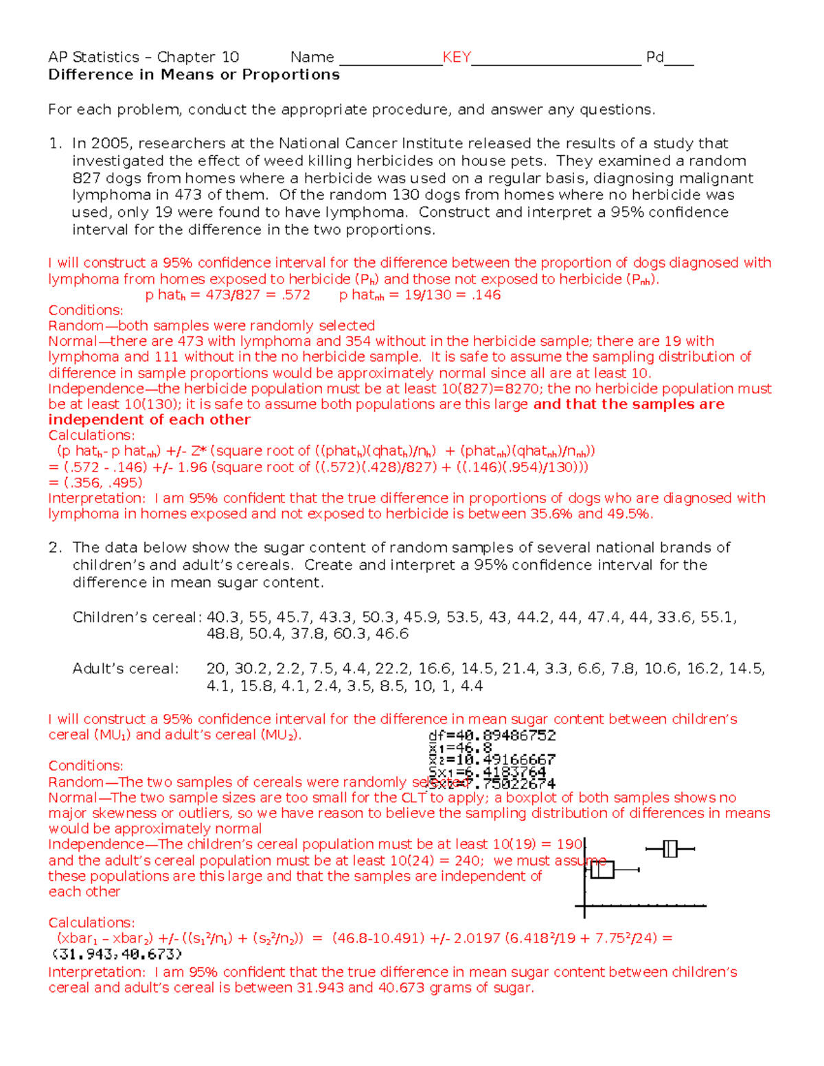 AP Statistics U10.2 Two-Sample Mixed Review Problems Key - Studocu