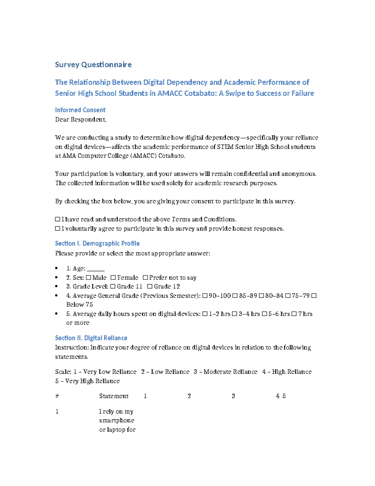 Survey Questionnaire: Digital Dependency & Academic Performance of SHS ...