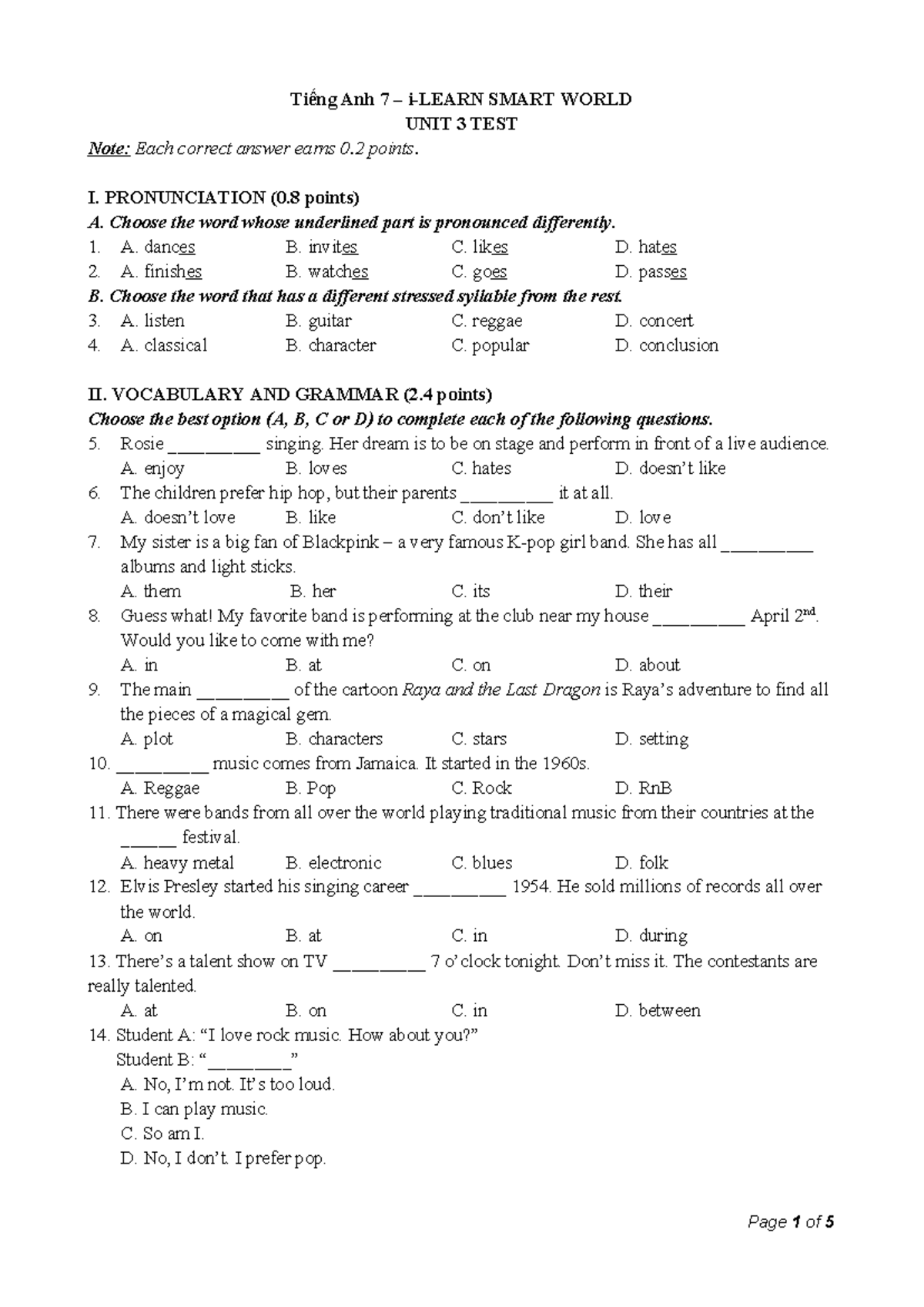Tiếng Anh 7 ISW - Unit 3 Test Practice and Review - Studocu