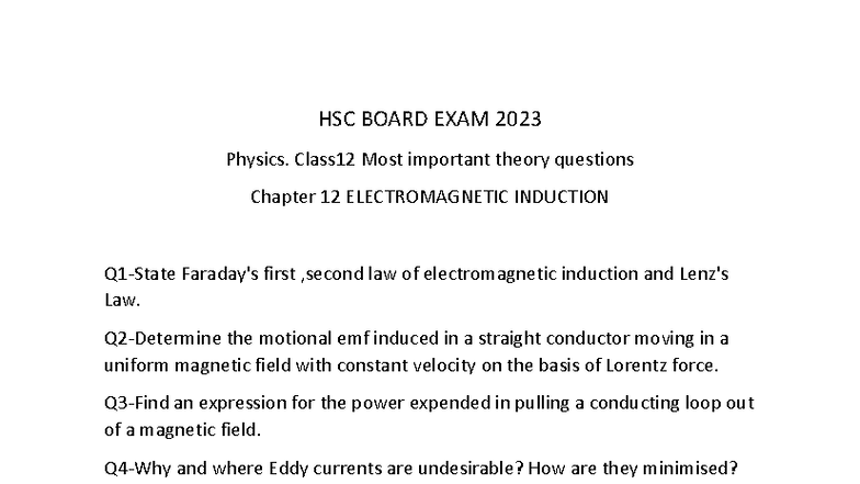 HSC BOARD EXAM 2023 Physics: Key Theory Qs on Electromagnetic Induction - Studocu