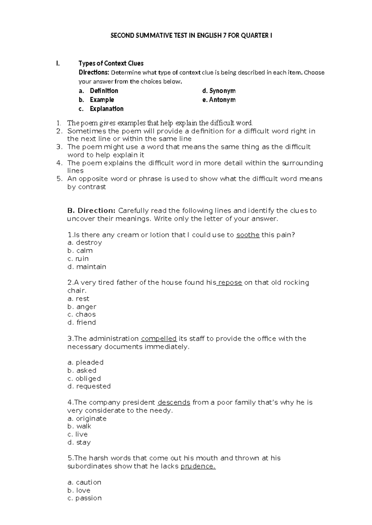 Second Summative Test in English 7: Context Clues Analysis - Studocu
