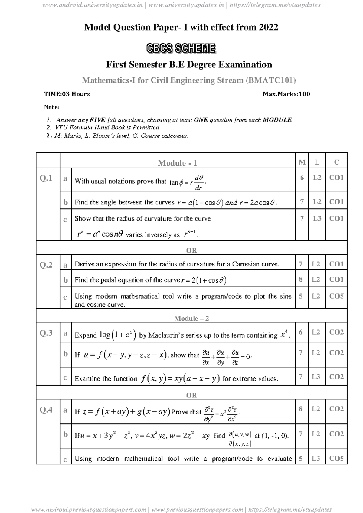 Model Question I for B.E. Civil Engineering (BMATC101) - 2022 Exam ...