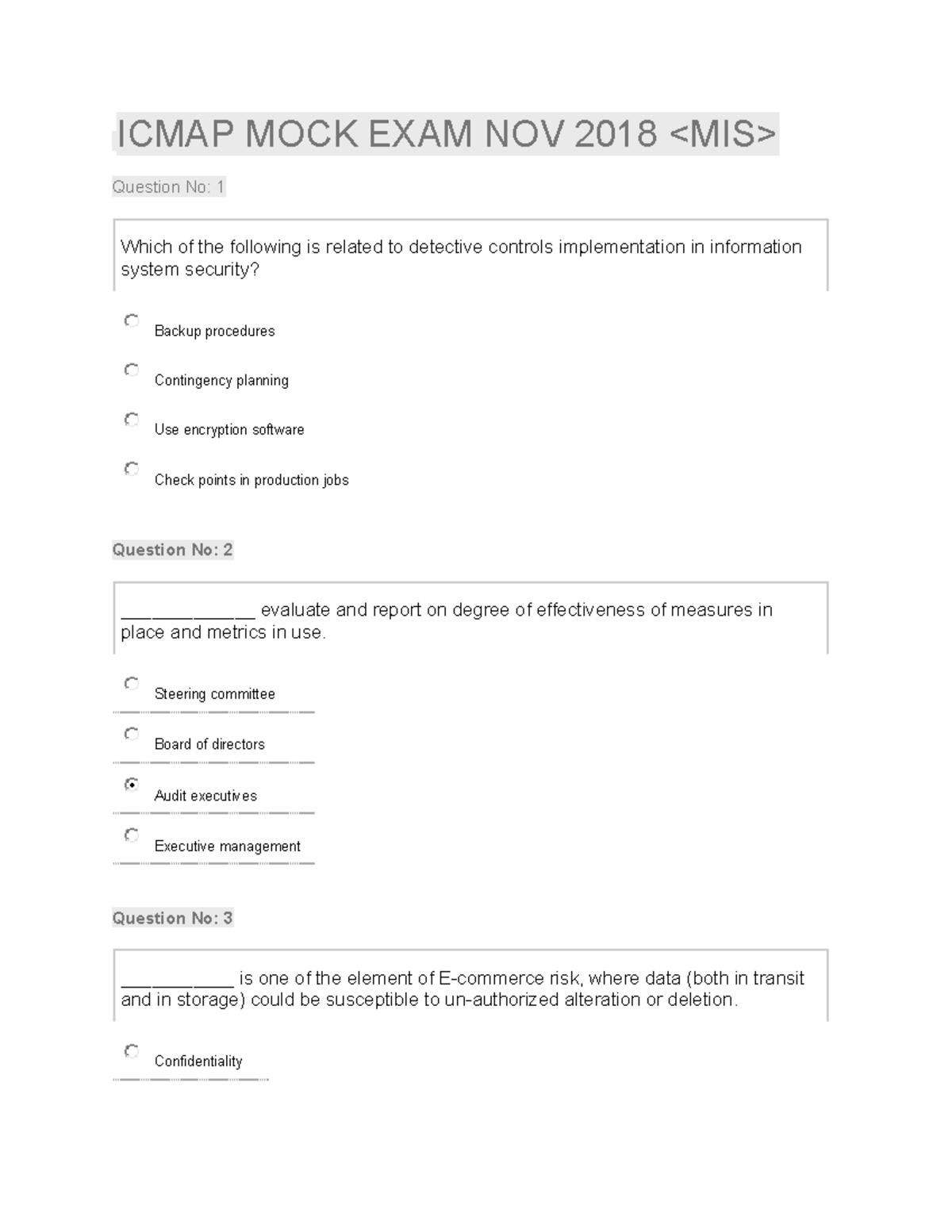 ICMAP MOCK EXAM NOV 2018: Information Systems Security & Management ...