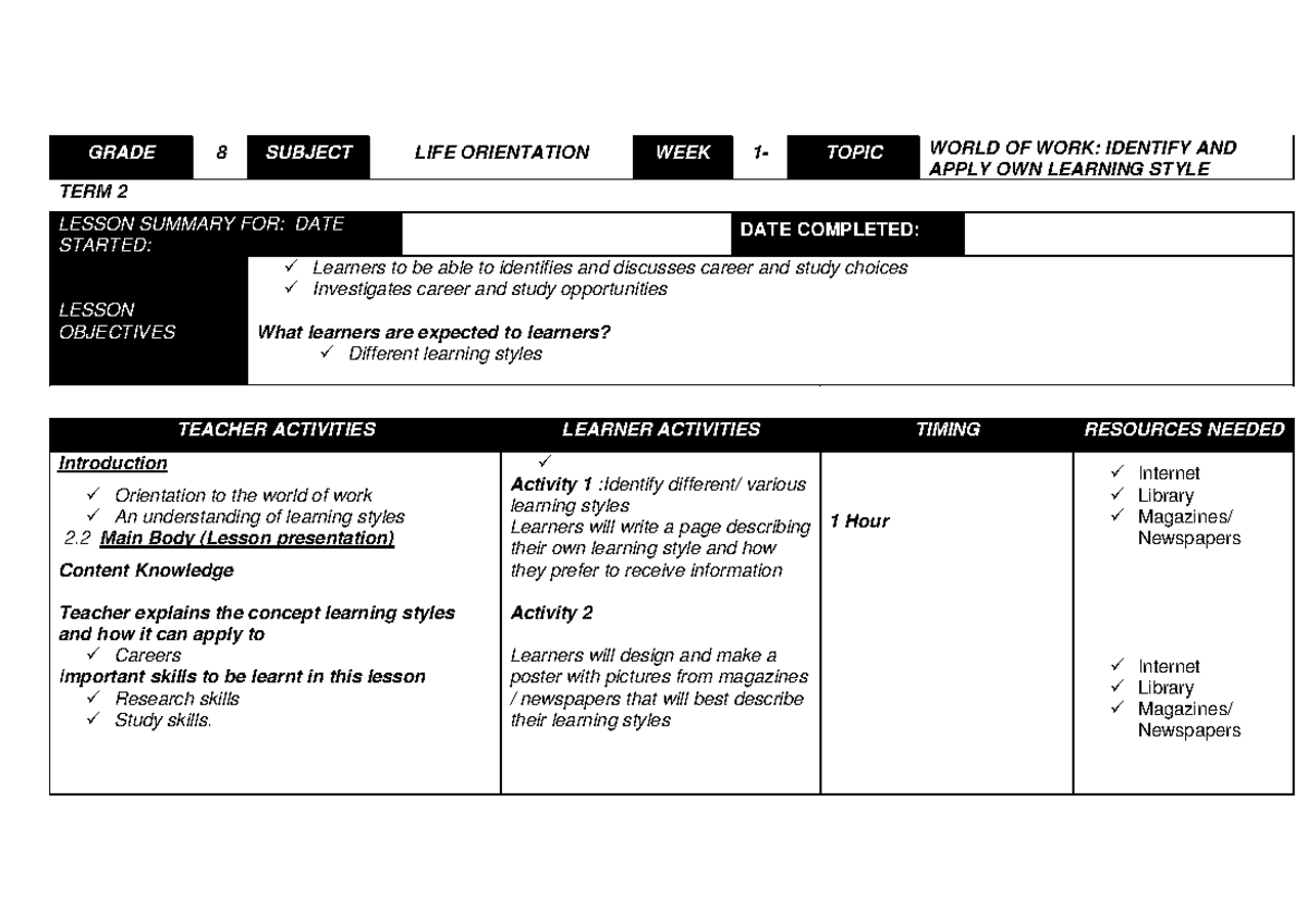 Lesson Plans LO8: World of Work Weeks 1-5 Summary & Objectives - Studocu