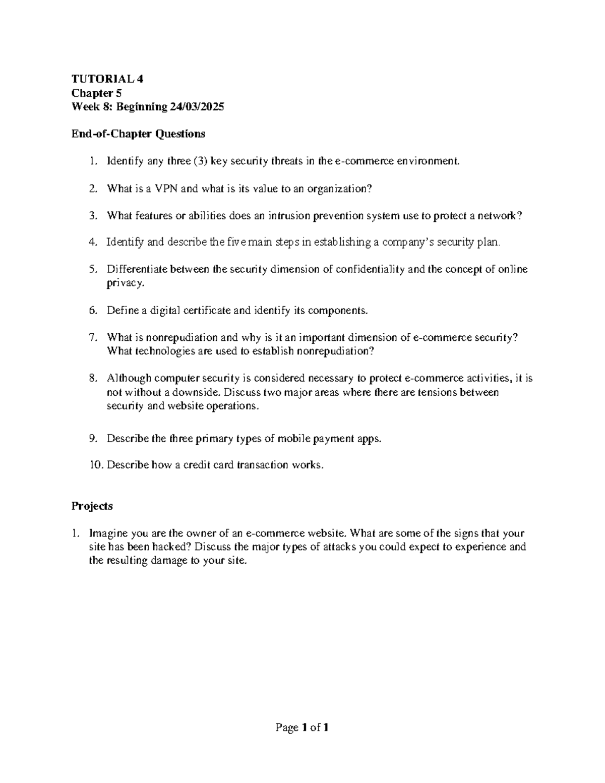 Tutorial 4-Chapter 5, Ecommerce Security Payment Systems - Page 1 of 1 ...