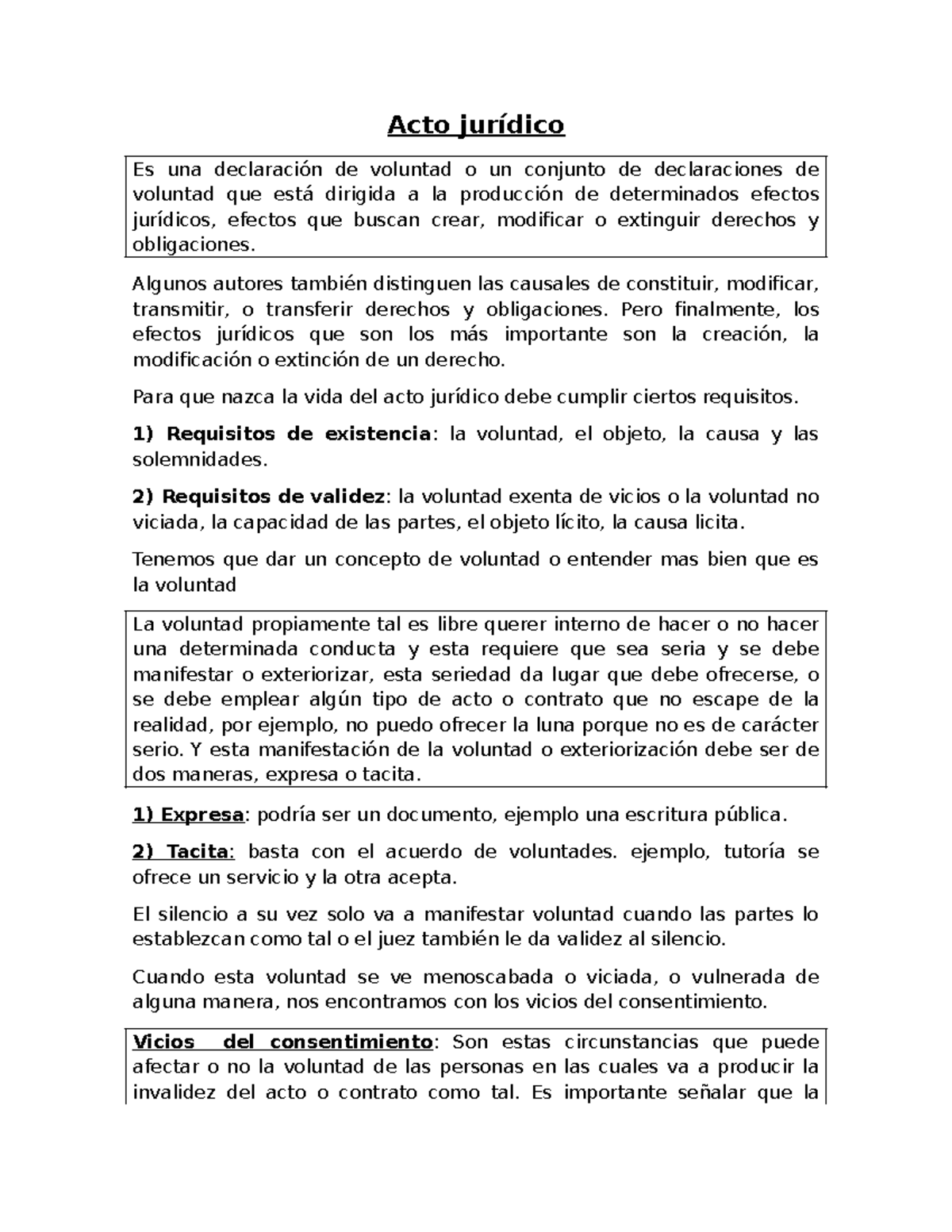 Acto Jurídico: Resumen de Conceptos y Vicios del Consentimiento - Studocu