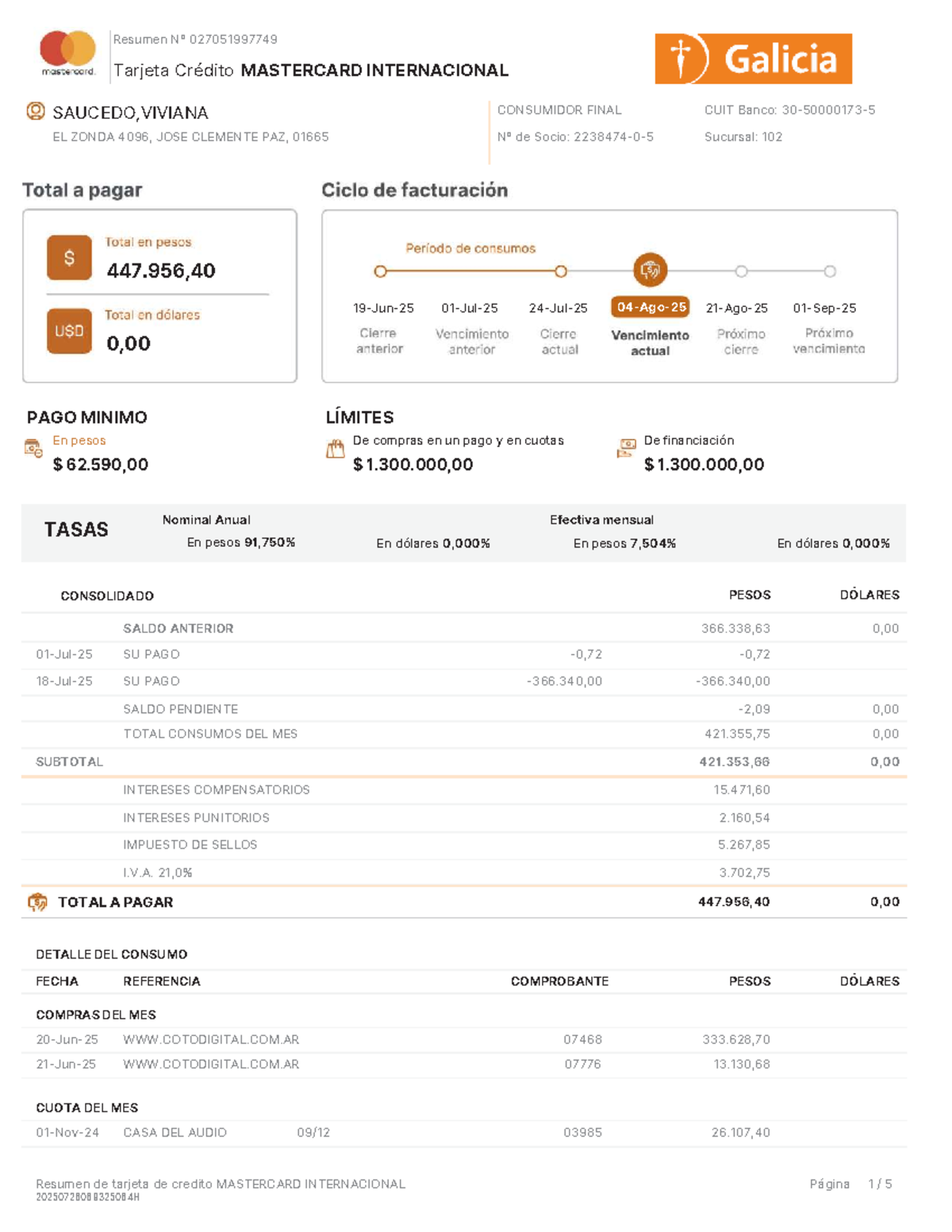 Resumen de Tarjeta de Crédito MASTERCARD Internacional - CUIT ...