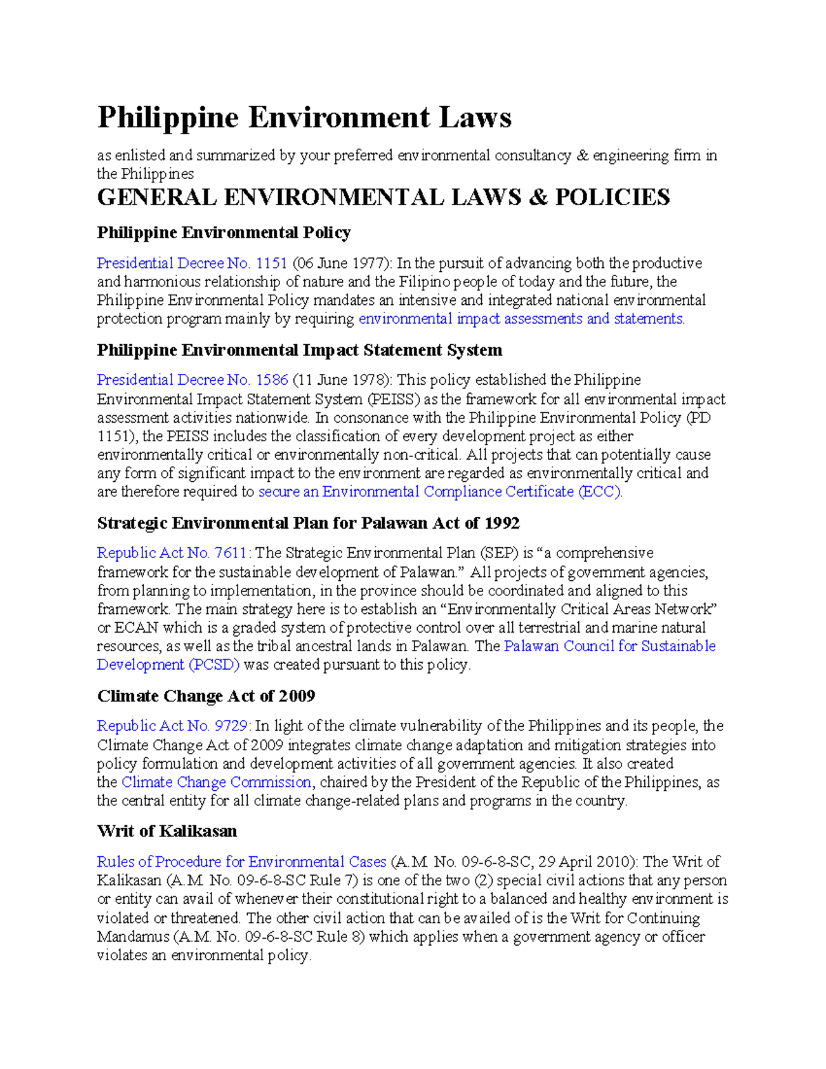 Environmental laws - Philippine Environment Laws as enlisted and ...