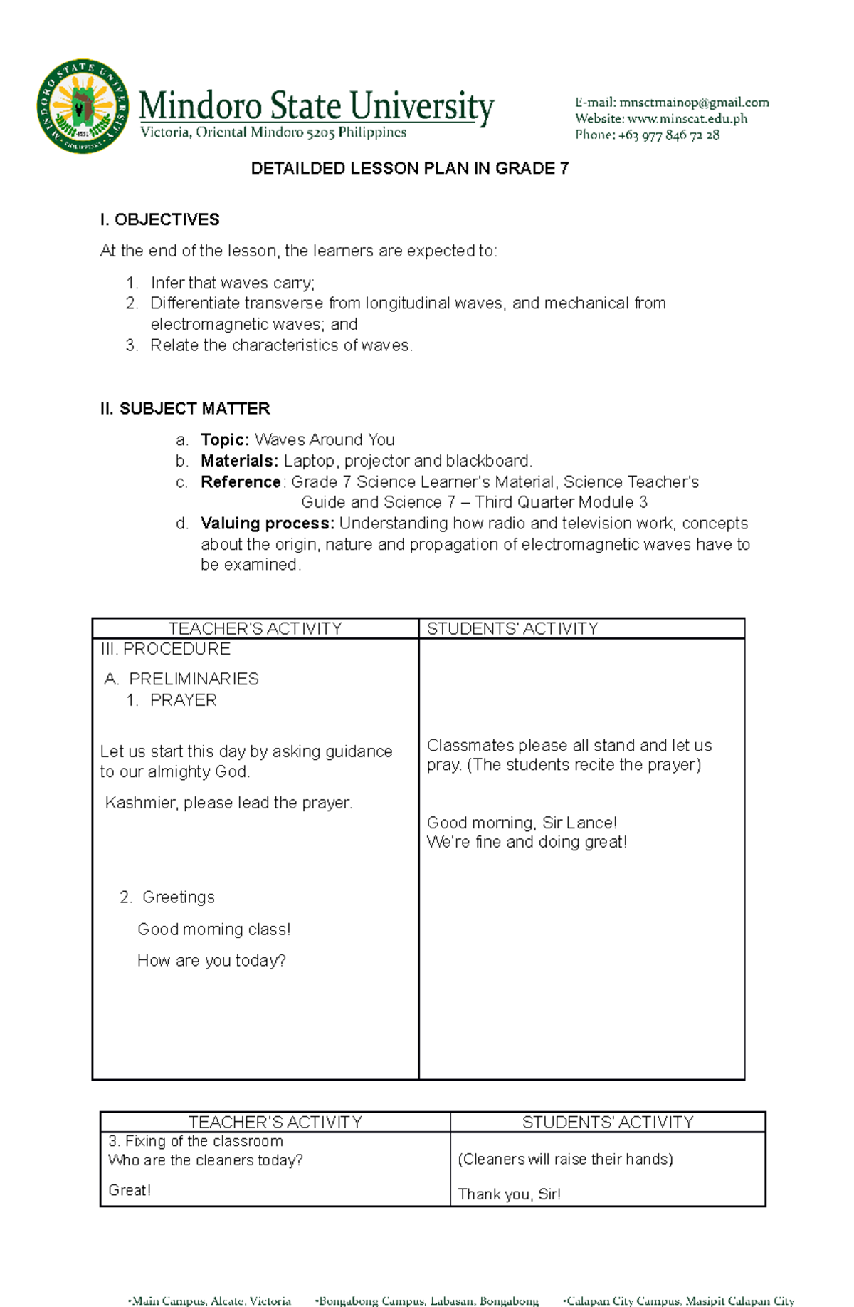 Detailed LP IN Teaching Science Grade 7 - Waves Around YOU for checking ...