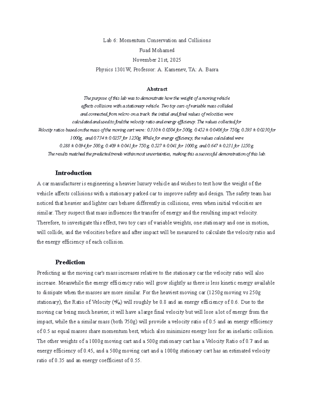 Lab 6: Momentum Conservation & Collisions in Physics 1301W - Studocu