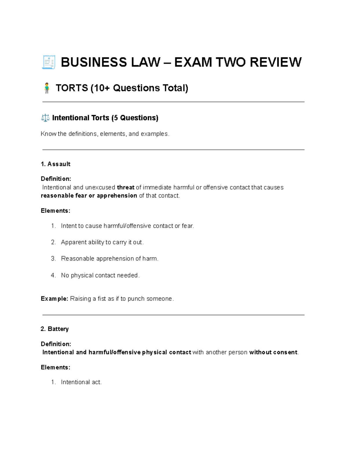 BUSINESS LAW 101: EXAM TWO REVIEW ON TORTS AND NEGLIGENCE - Studocu