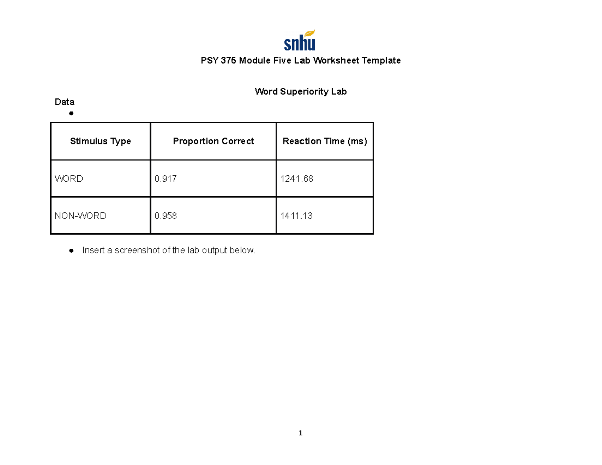 PSY 375 Complete Lab Worksheet for Module Five: Word Superiority & Lexical Decision - Studocu